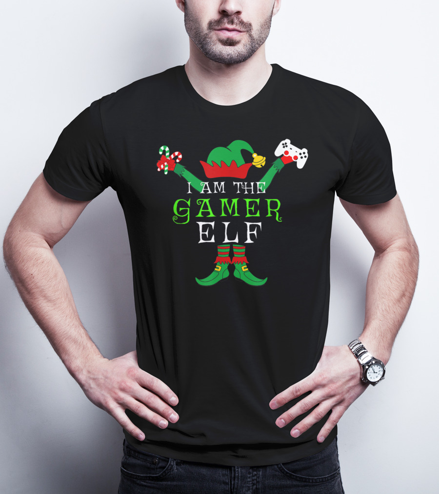 I Am The Gamer Elf With Candy Cane And Game Controller T-Shirt