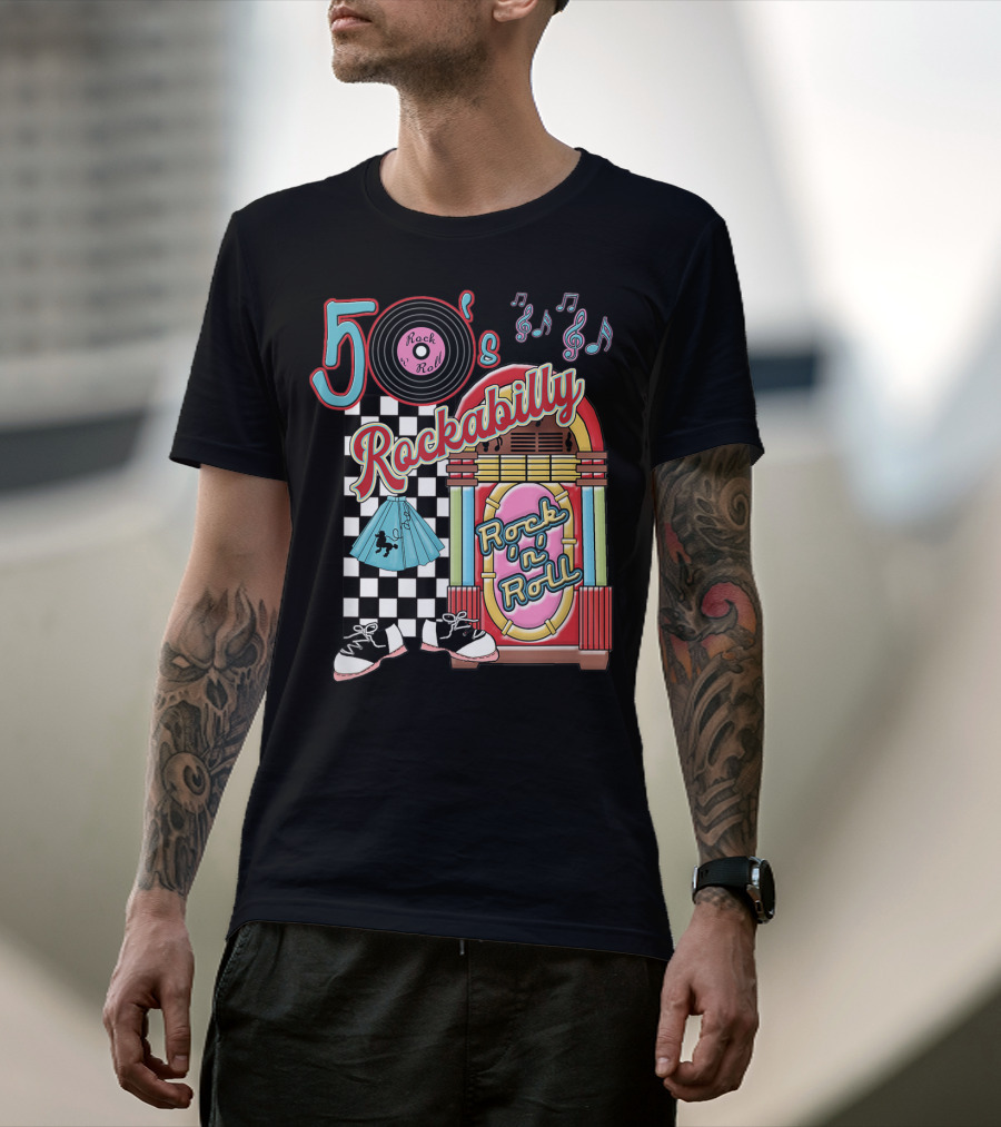 50's Rock N Roll Rockabilly Jukebox And Checkered Dance Floor T-Shirt