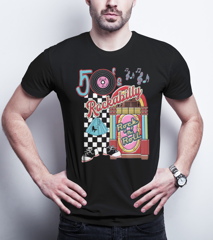 50's Rock N Roll Rockabilly Jukebox And Checkered Dance Floor T-Shirt