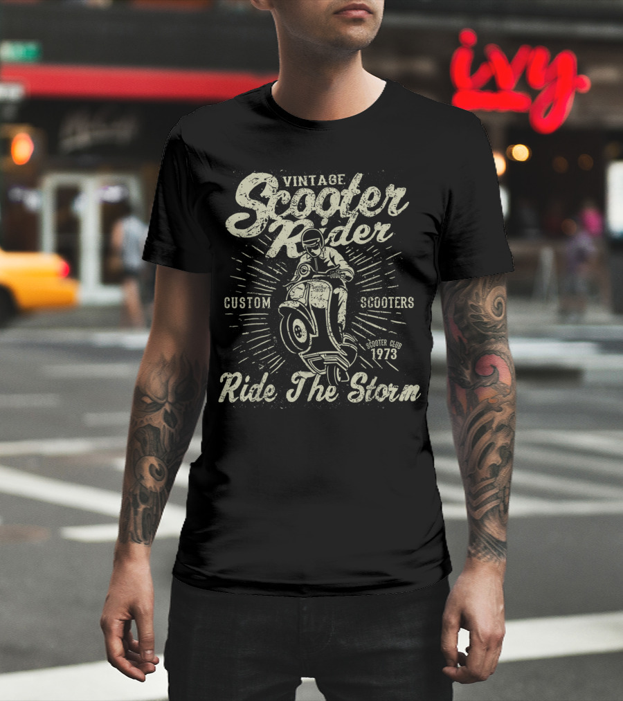Vintage Scooter Rider Custom Scooters Club 1973 Ride The Storm T-Shirt