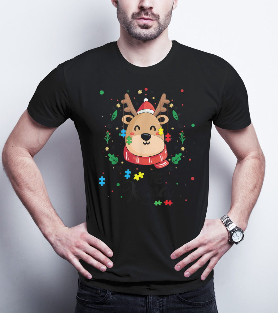 Be Kind Christmas Reindeer With Puzzle Pieces Autism Awareness T-Shirt