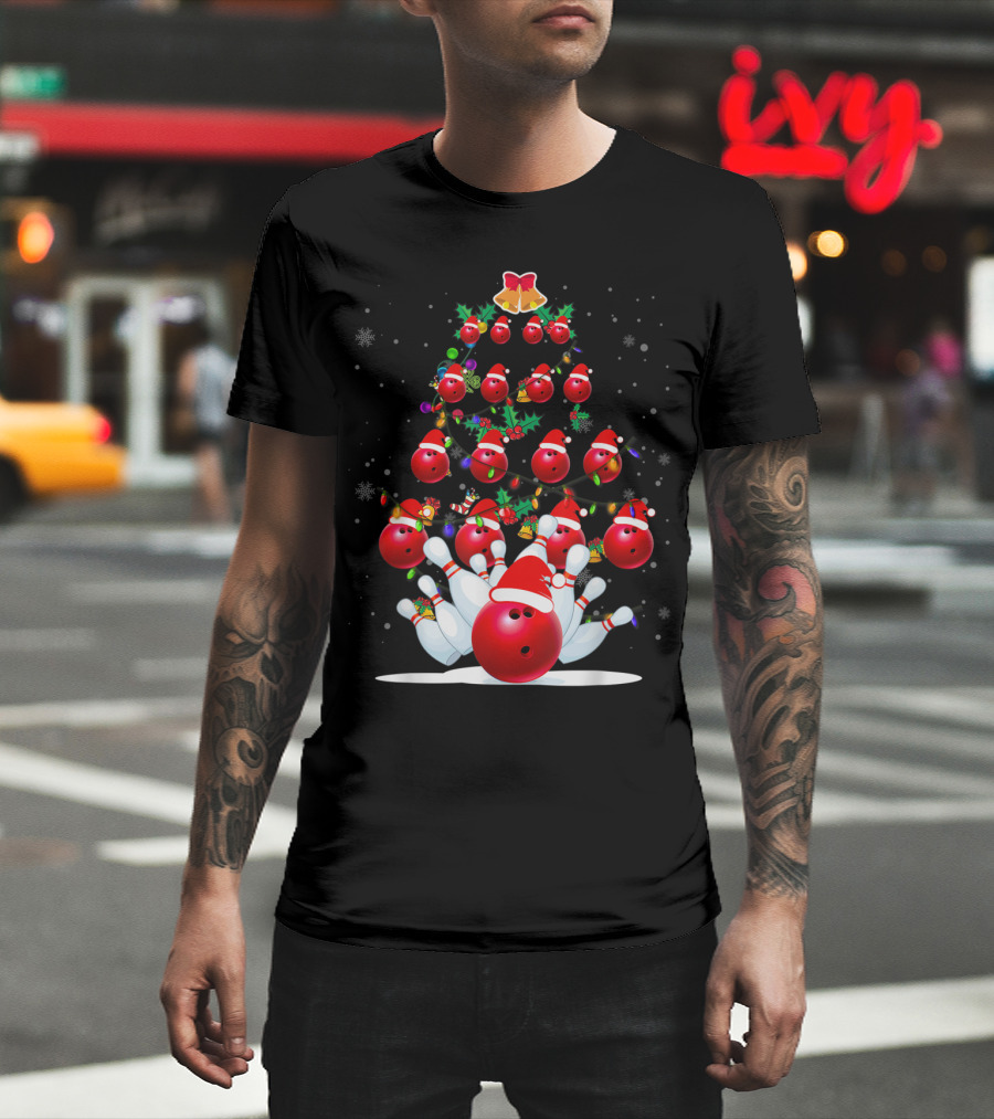 Bowling Balls Santa Hats Christmas Tree Holiday Lights Snowflakes T-Shirt