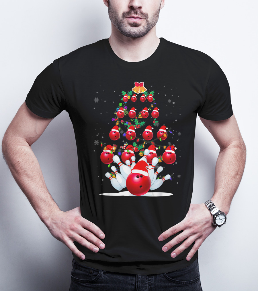 Bowling Balls Santa Hats Christmas Tree Holiday Lights Snowflakes T-Shirt