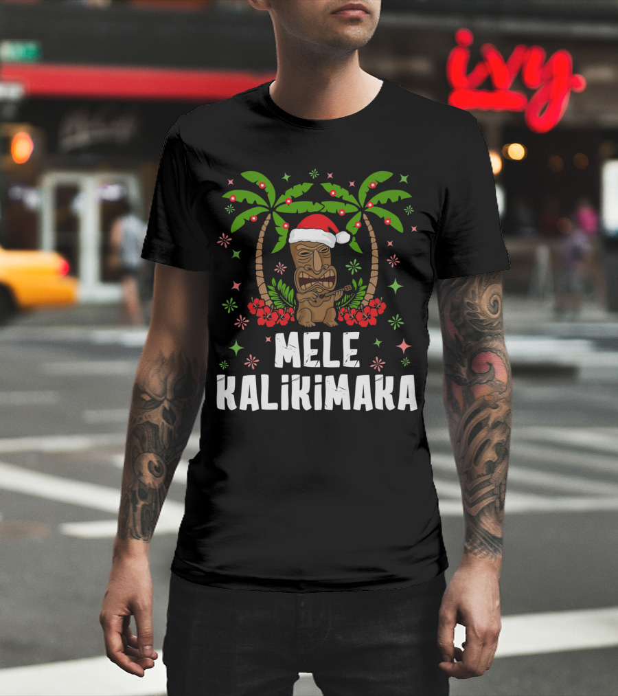Mele Kalikimaka Santa Tiki Hawaiian Christmas Palms T-Shirt