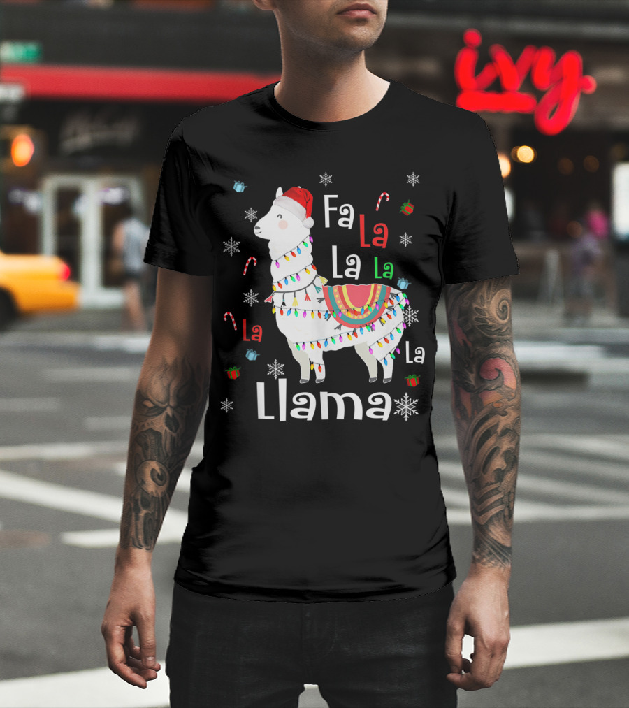 Fa La La Llama Llama Christmas Lights And Santa Hat With Candy Canes Snowflakes And Presents T-Shirt