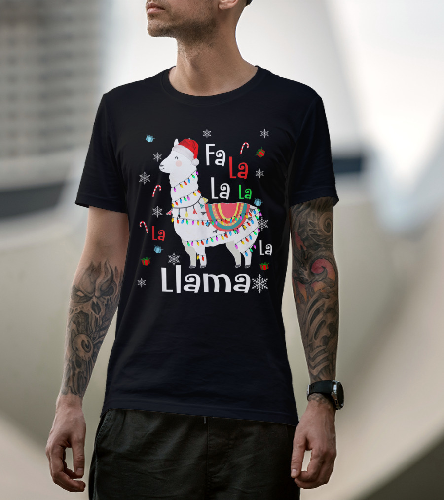 Fa La La Llama Llama Christmas Lights And Santa Hat With Candy Canes Snowflakes And Presents T-Shirt