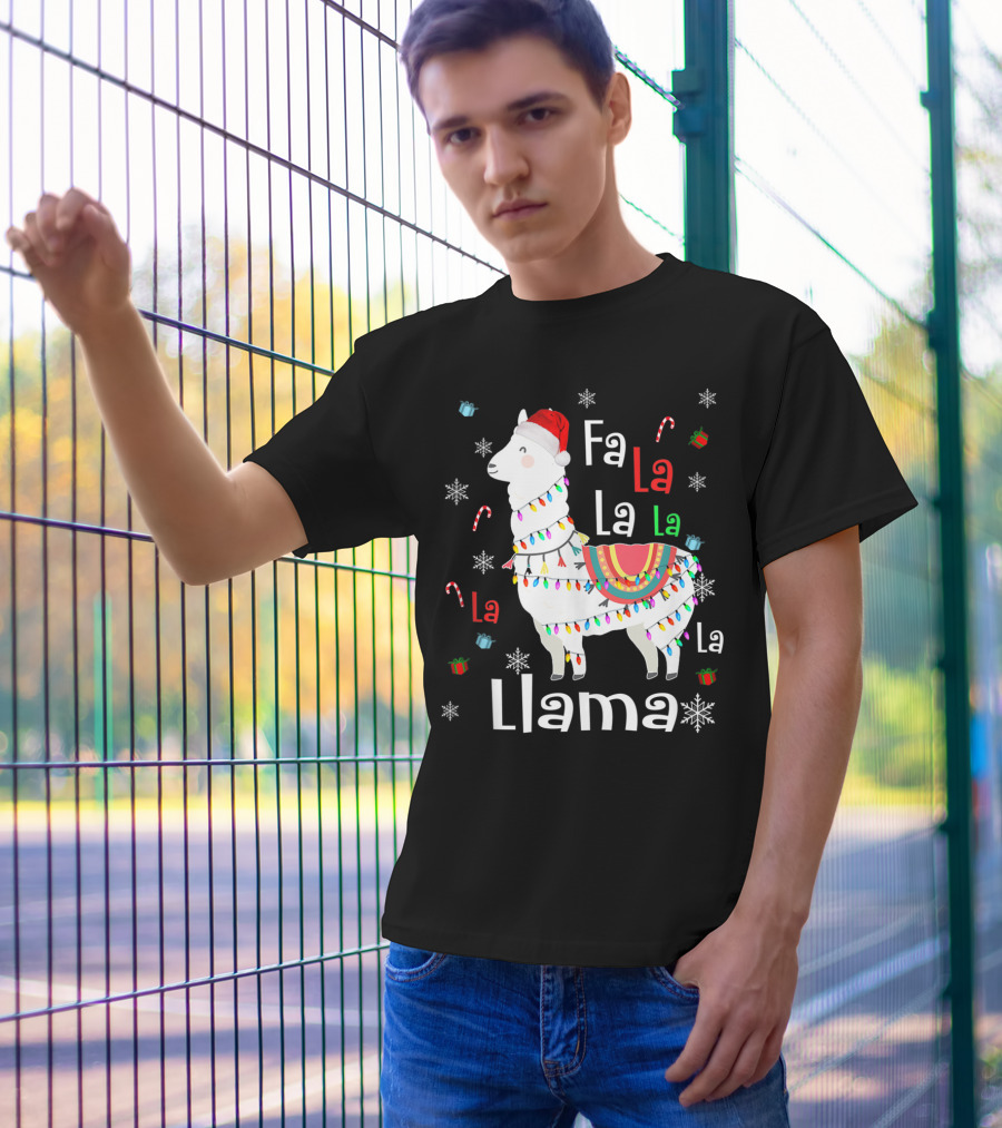 Fa La La Llama Llama Christmas Lights And Santa Hat With Candy Canes Snowflakes And Presents T-Shirt
