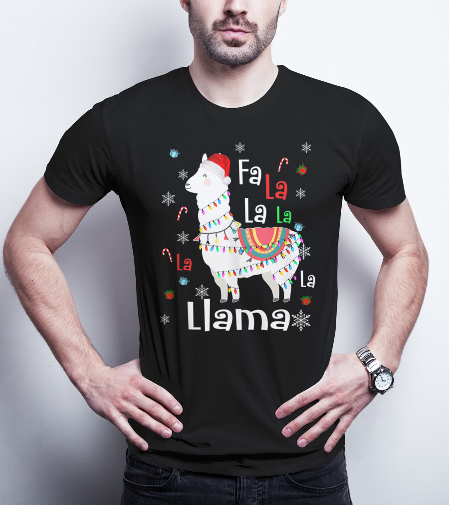 Fa La La Llama Llama Christmas Lights And Santa Hat With Candy Canes Snowflakes And Presents T-Shirt