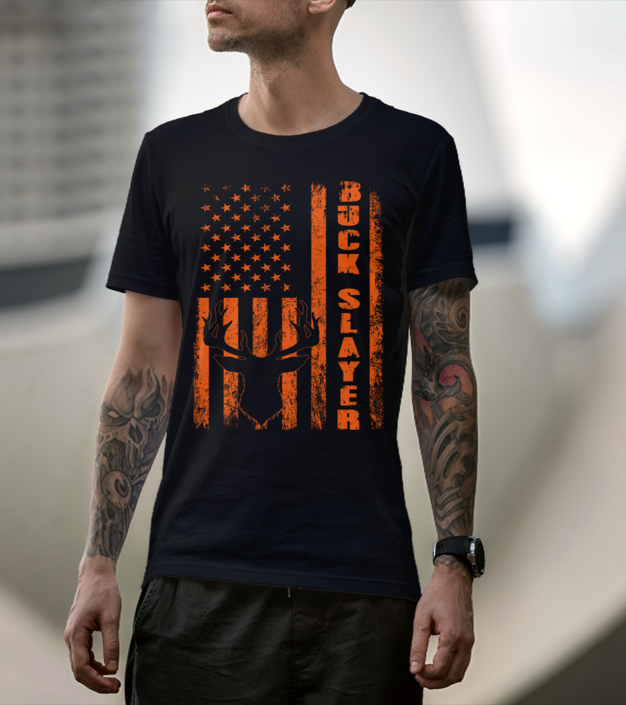 Buck Slayer Blaze Orange Deer American Flag T-Shirt