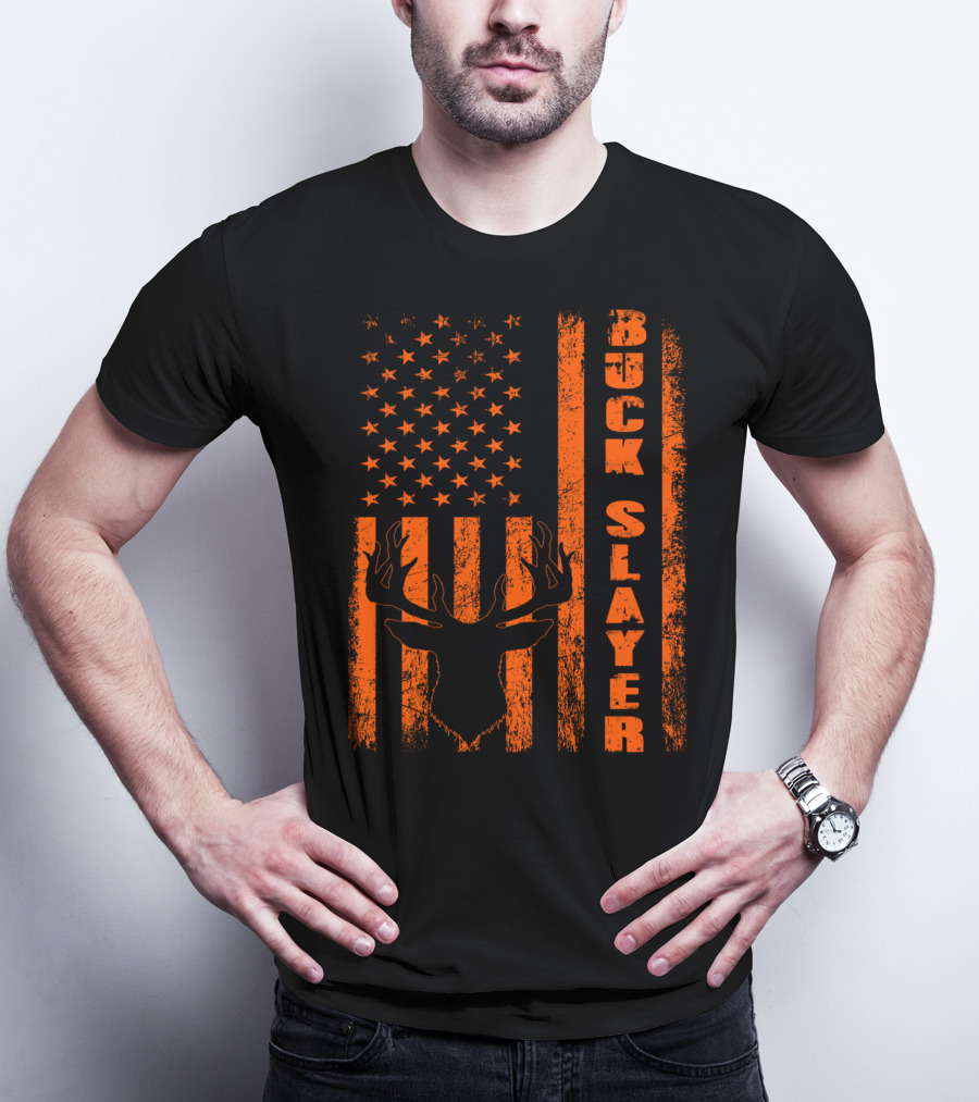 Buck Slayer Blaze Orange Deer American Flag T-Shirt