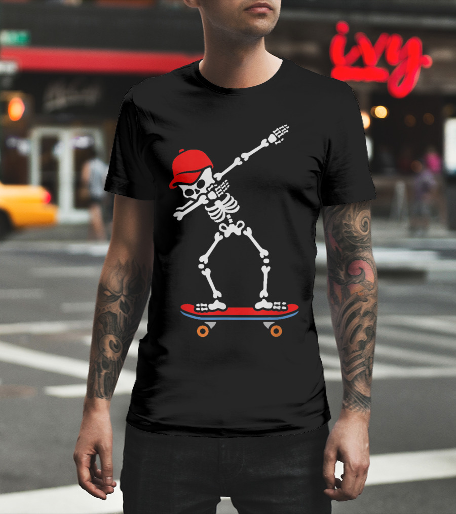 Dabbing Skeleton In Red Cap On Skateboard T-Shirt