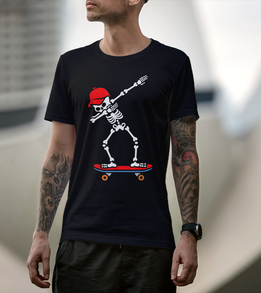 Dabbing Skeleton In Red Cap On Skateboard T-Shirt