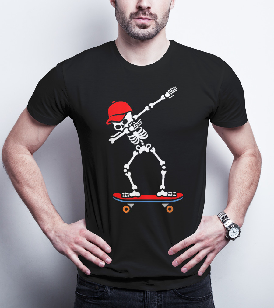 Dabbing Skeleton In Red Cap On Skateboard T-Shirt