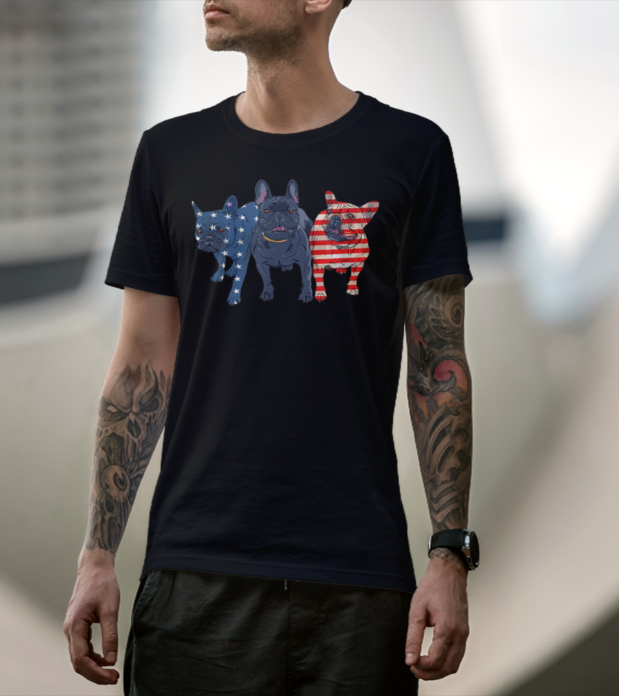 3 Frenchie Bulldog American Flag Stars Stripes July Patriot T-Shirt