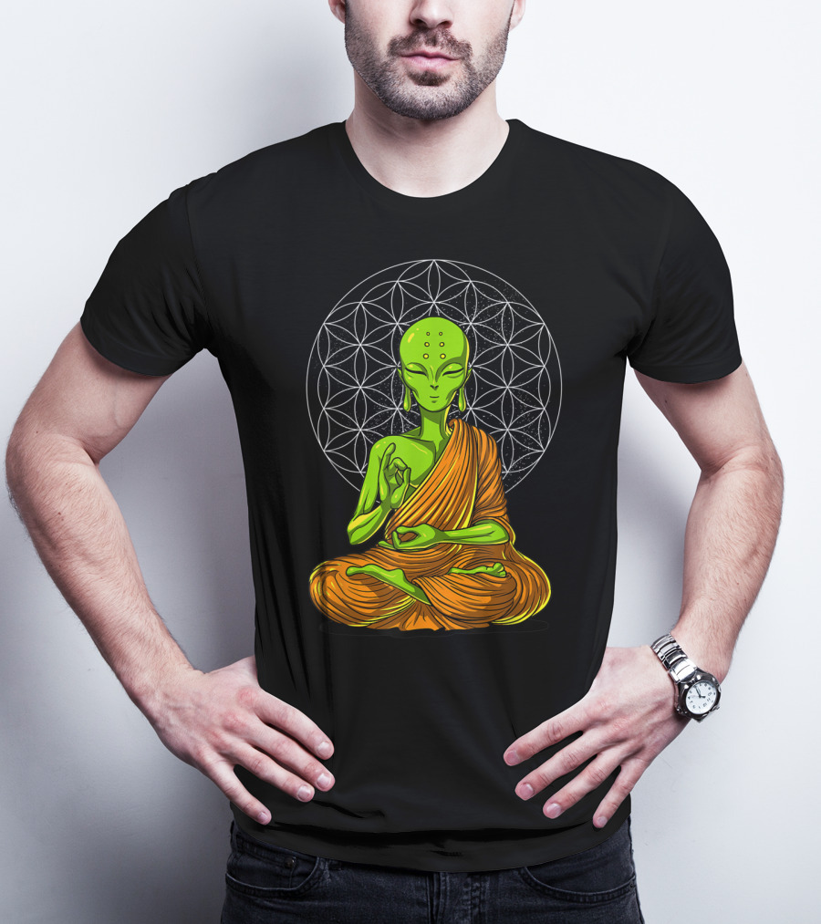 Alien Yoga Meditation Zen Namaste Buddha With Mandala Background T-Shirt