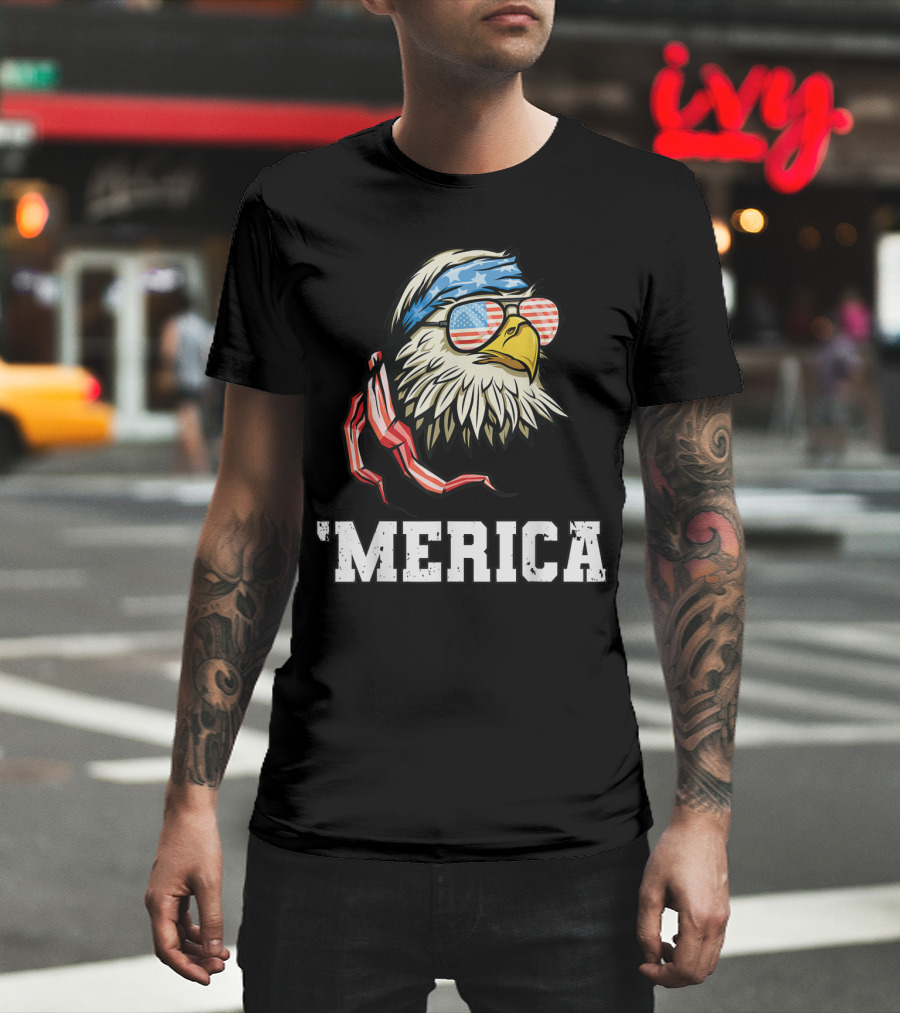 'Merica Bald Eagle USA Flag Bandana And Sunglasses T-Shirt