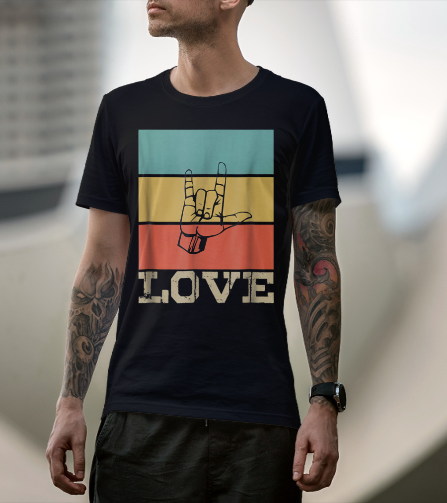ASL Love Vintage Hand Sign Retro Color Blocks T-Shirt