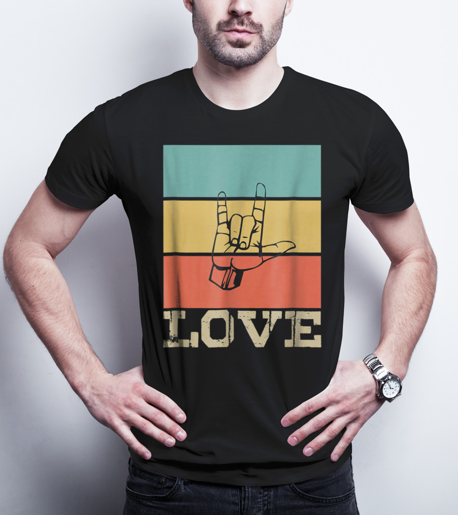 ASL Love Vintage Hand Sign Retro Color Blocks T-Shirt