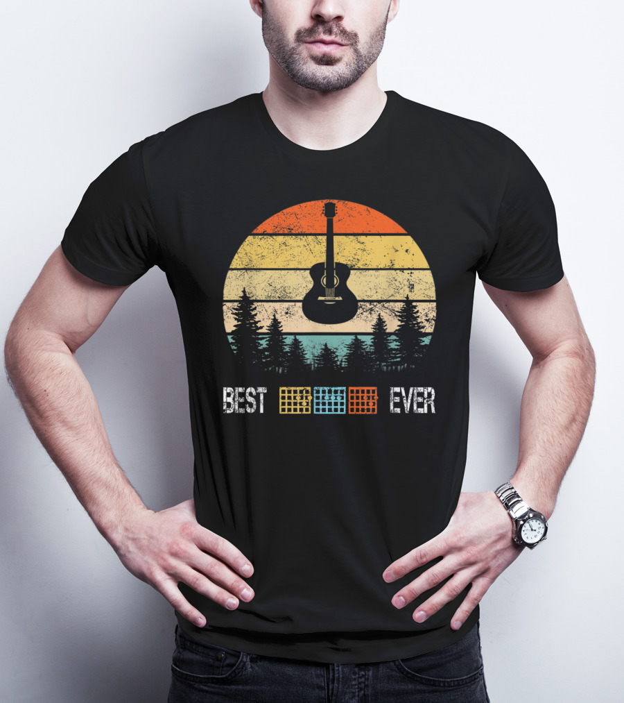 Best Guitar Chords Dad Ever Retro Sunset Forest T-Shirt