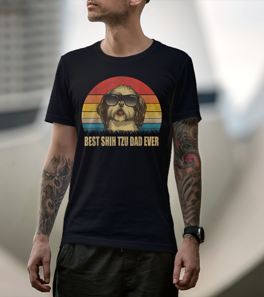 Best Shih Tzu Dad Ever Retro Sunset Sunglasses Dog T-Shirt