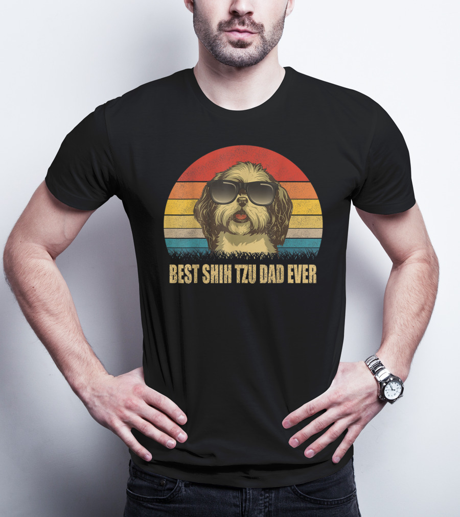 Best Shih Tzu Dad Ever Retro Sunset Sunglasses Dog T-Shirt