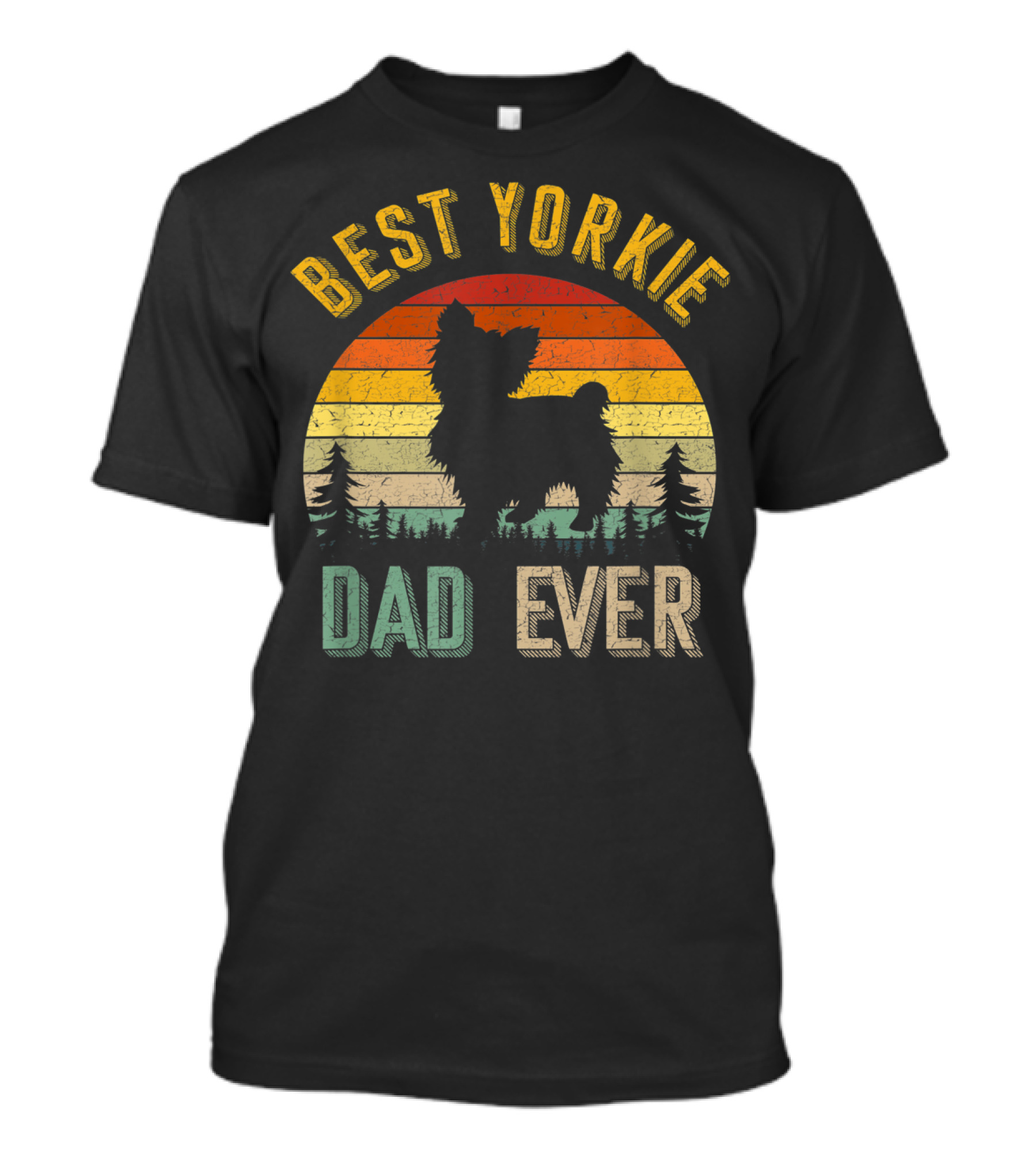 Best Yorkie Dad Ever Vintage 70s Retro Sunset Silhouette Pines T-Shirt