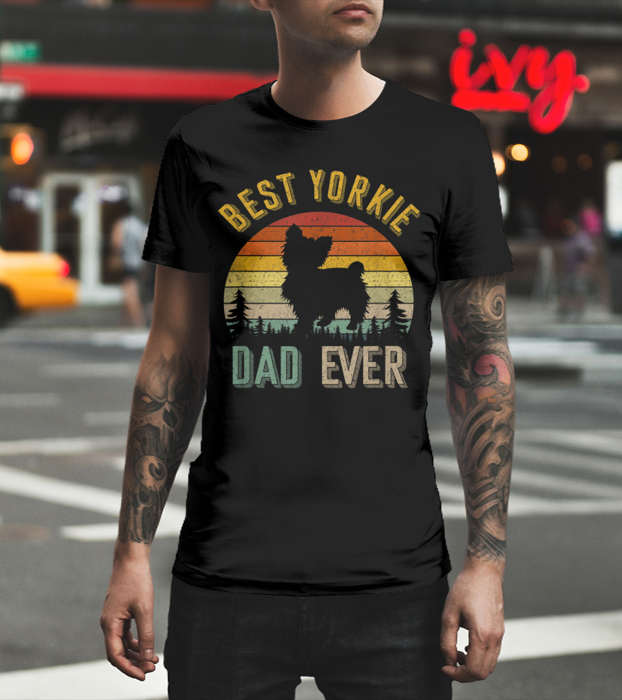 Best Yorkie Dad Ever Vintage 70s Retro Sunset Silhouette Pines T-Shirt