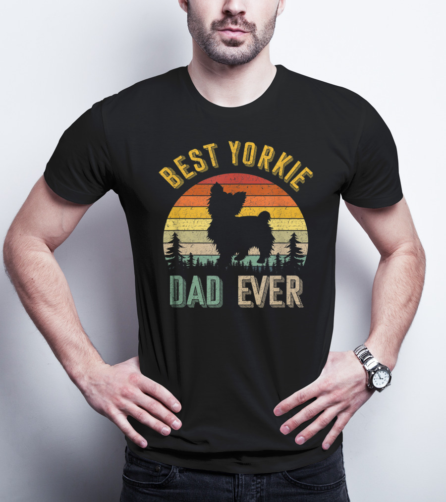 Best Yorkie Dad Ever Vintage 70s Retro Sunset Silhouette Pines T-Shirt