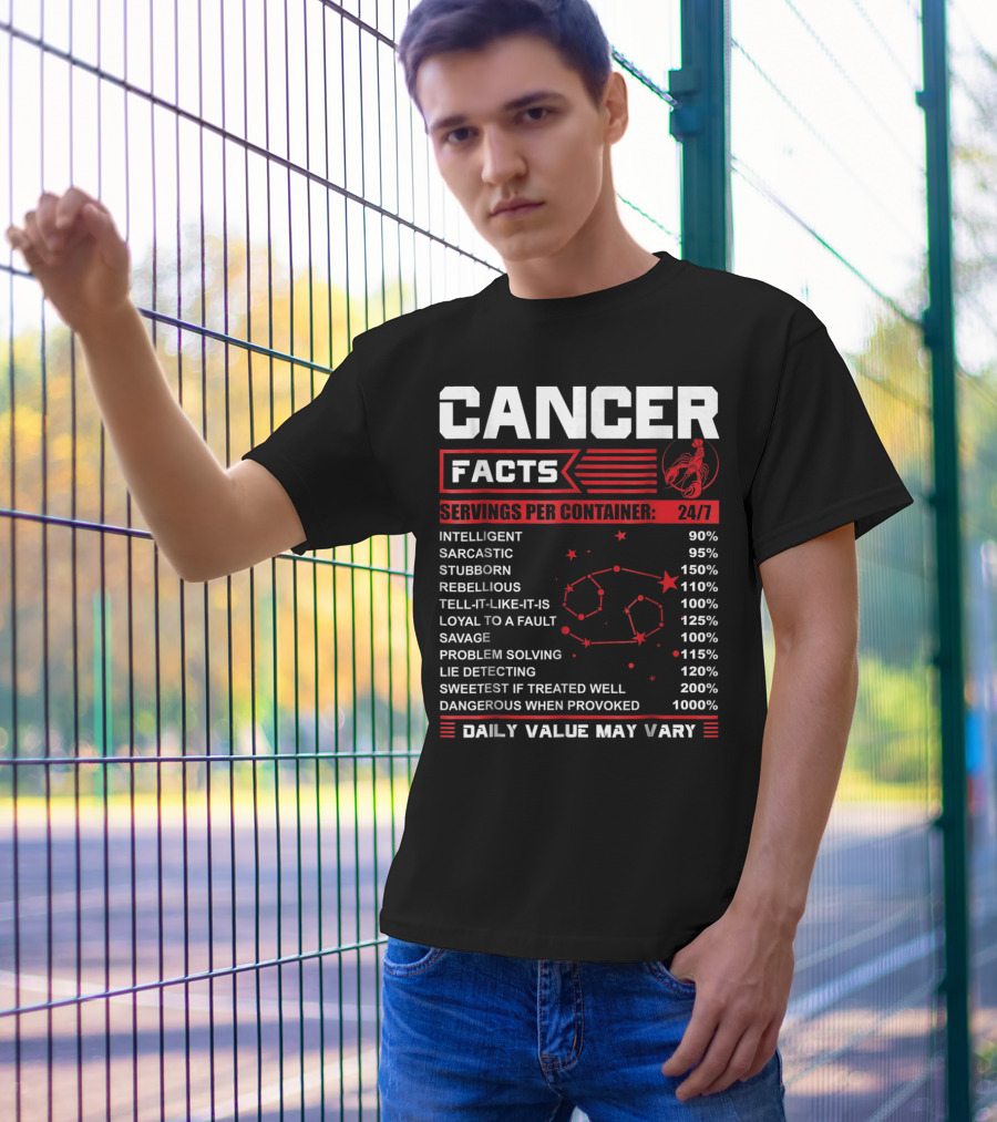 Cancer Facts Horoscope Zodiac Traits Funny Birthday Mock Nutritional Label T-Shirt