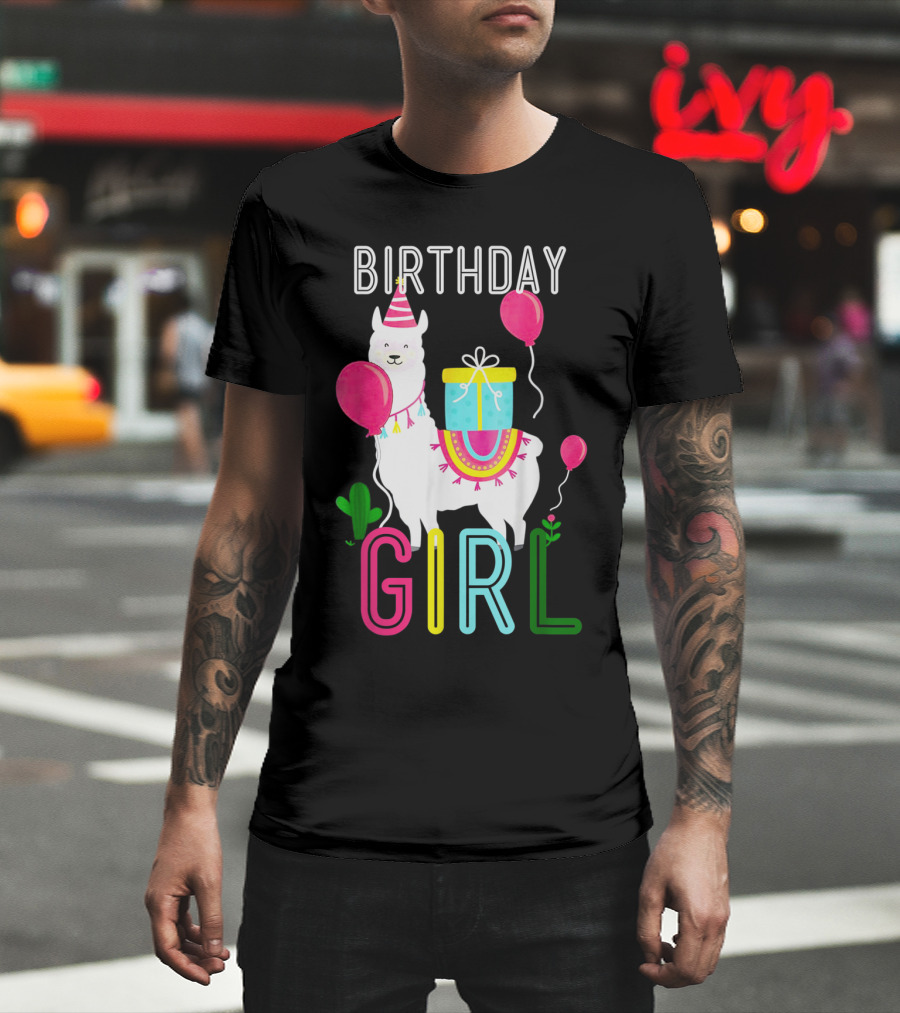 Birthday Girl Llama Cool Cute Alpaca With Balloons And Present T-Shirt