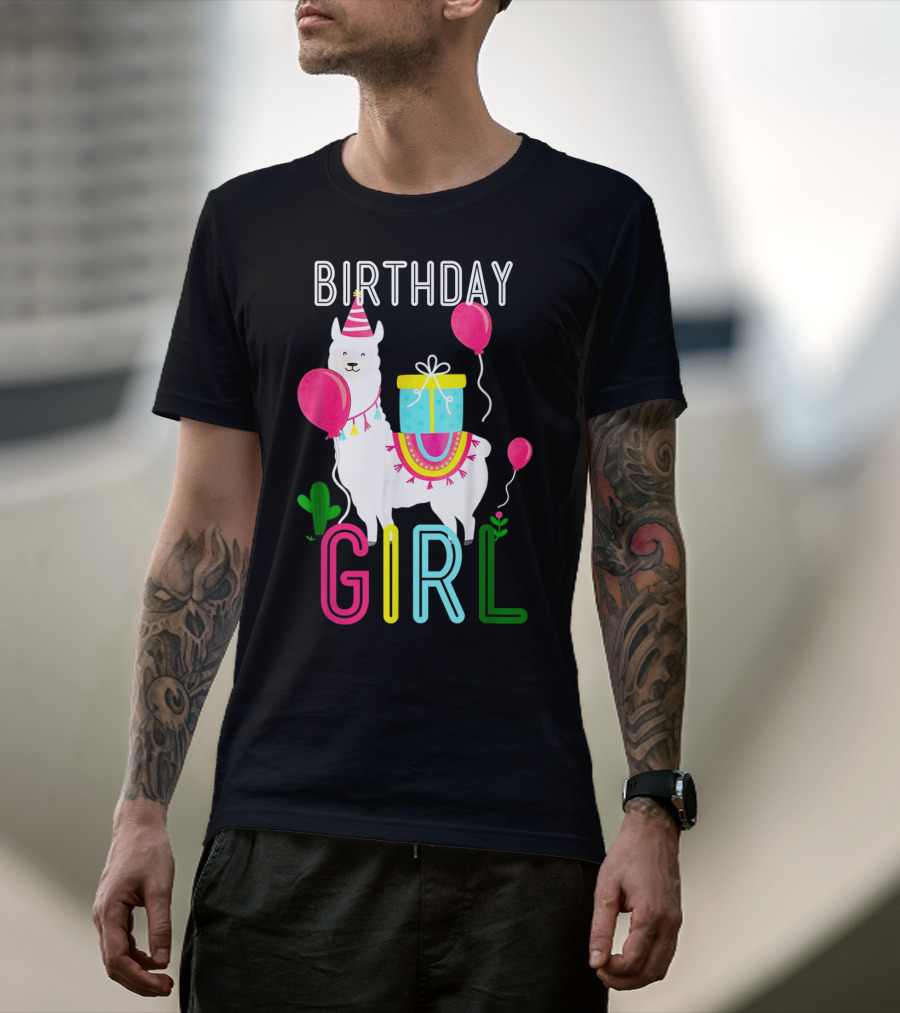 Birthday Girl Llama Cool Cute Alpaca With Balloons And Present T-Shirt