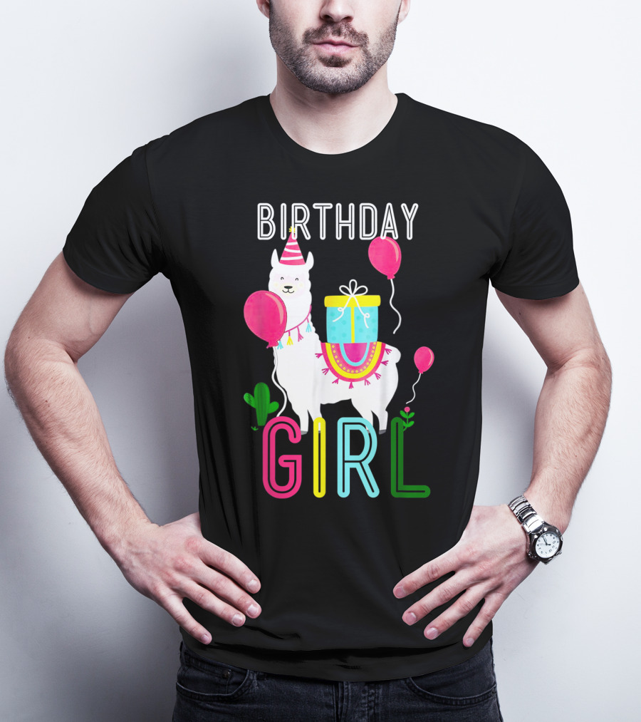 Birthday Girl Llama Cool Cute Alpaca With Balloons And Present T-Shirt