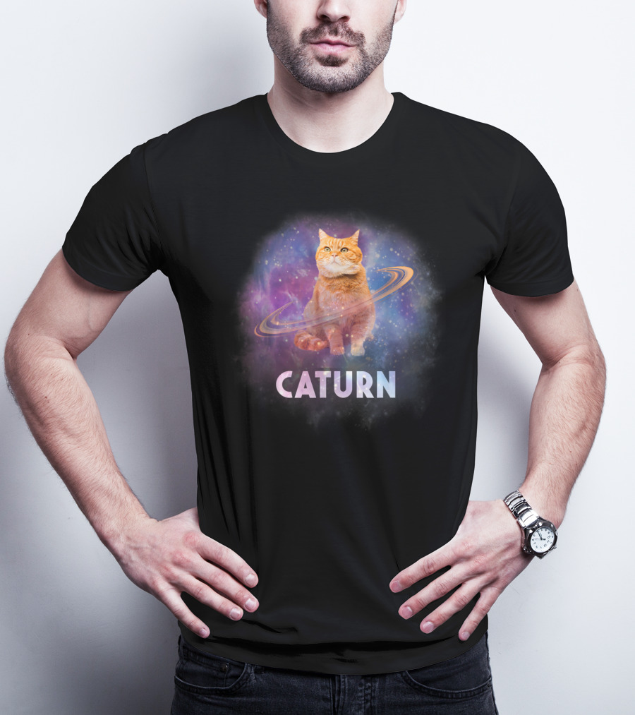 Caturn Cosmic Feline In Galaxy T-Shirt
