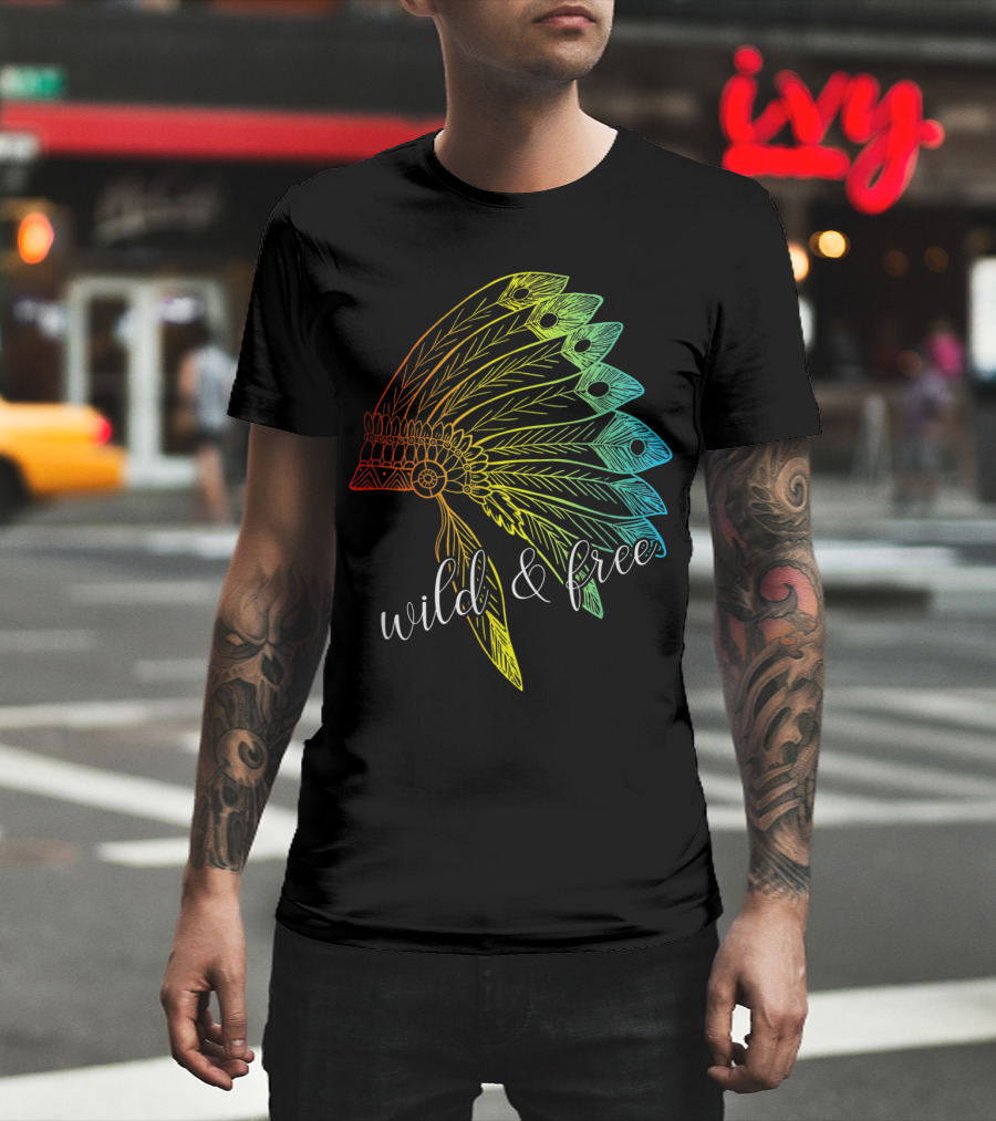 Wild And Free Colored Native American Headdress USA T-Shirt