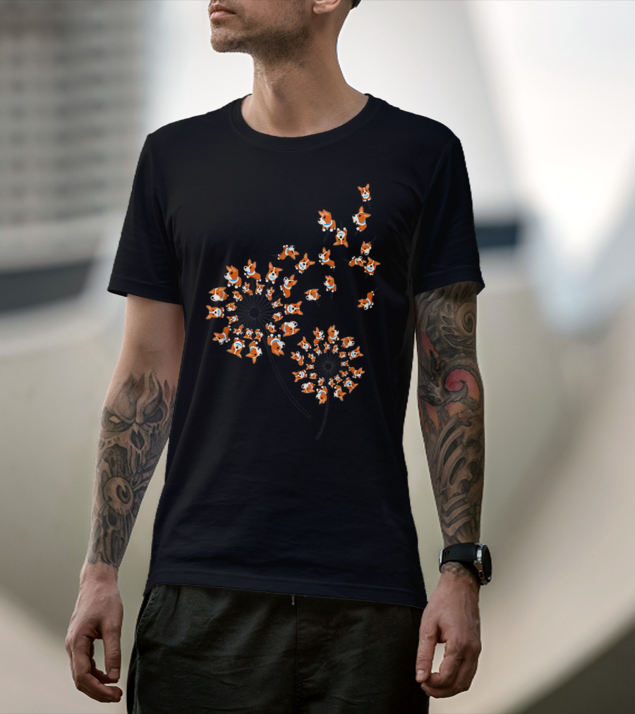 Corgi Dandelion Flower Pattern Multiple Corgis T-Shirt