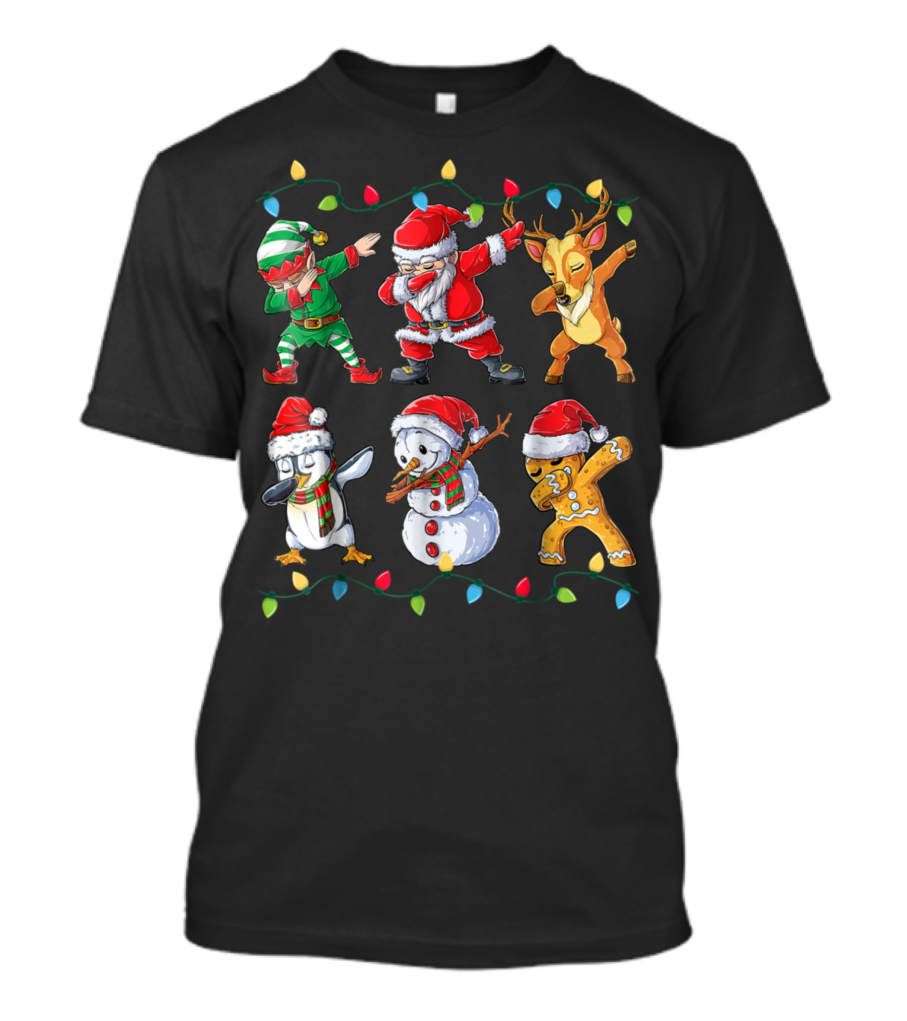 Dabbing Santa Elf Reindeer Penguin Snowman Gingerbread Christmas Lights T-Shirt