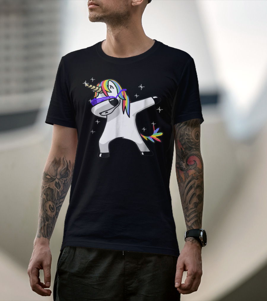 Rainbow Dabbing Unicorn With Sunglasses And Stars T-Shirt