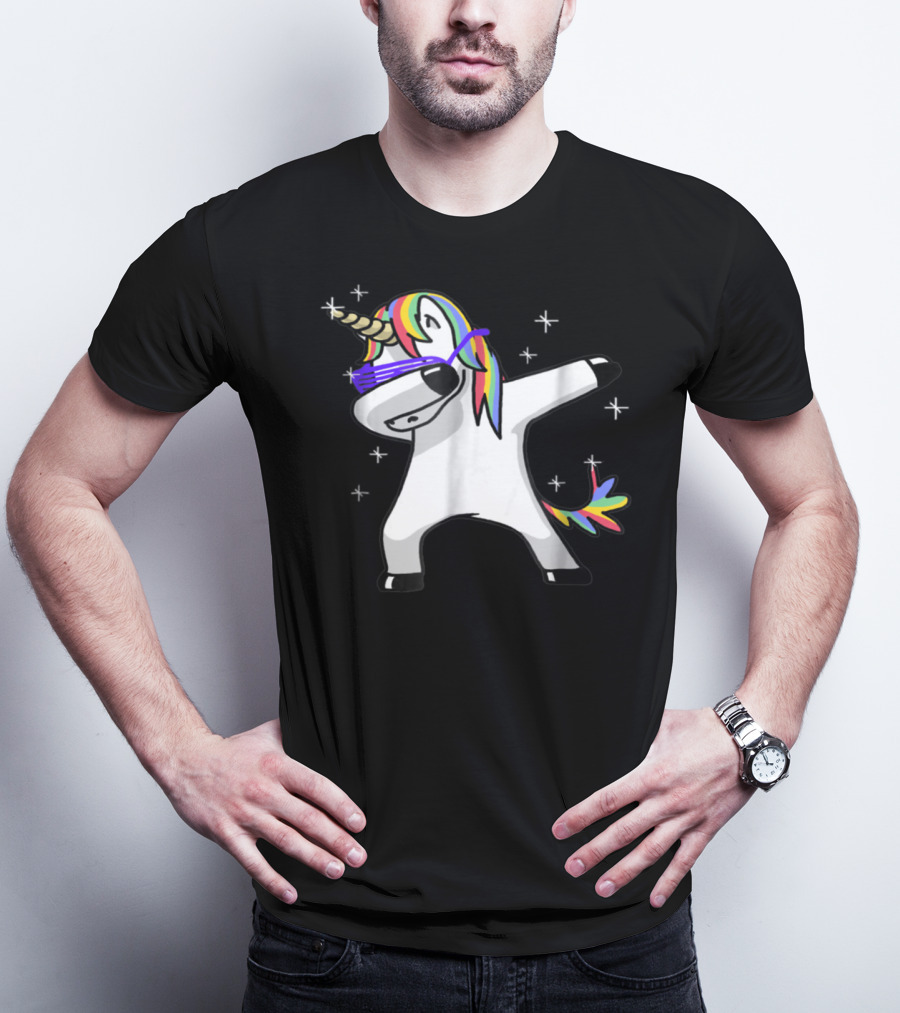 Rainbow Dabbing Unicorn With Sunglasses And Stars T-Shirt