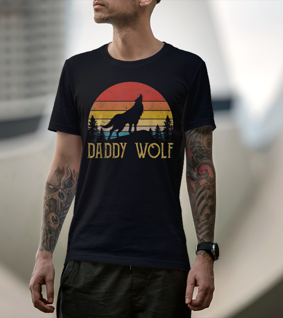 Daddy Wolf Silhouette Sunset Forest Scene T-Shirt