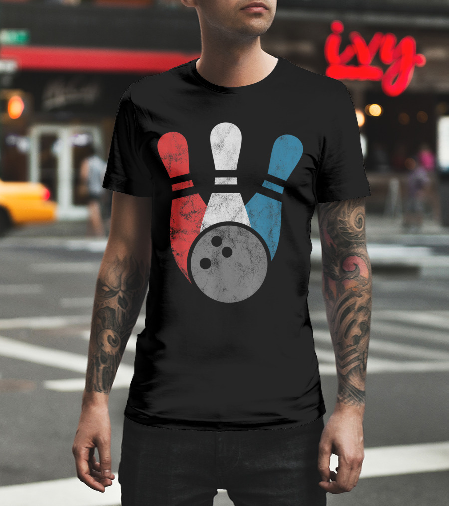 Distressed Red White Blue Bowling Pins With Bowling Ball T-Shirt