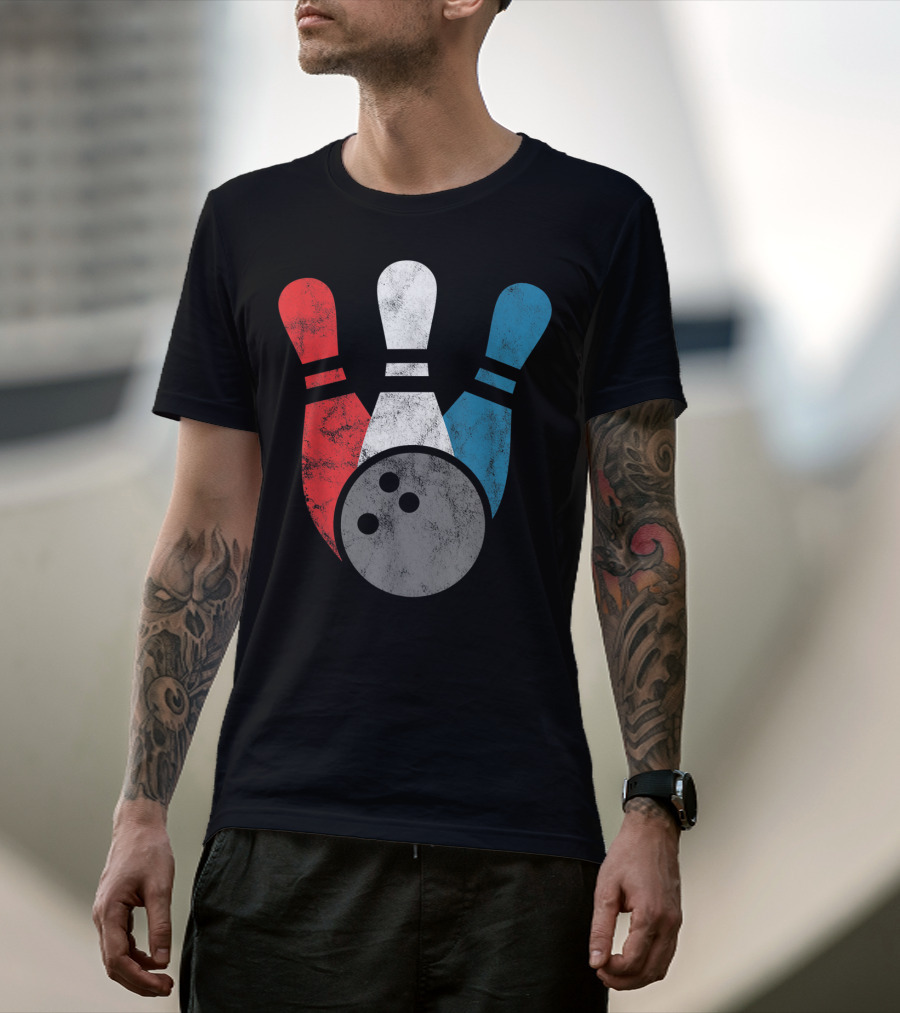 Distressed Red White Blue Bowling Pins With Bowling Ball T-Shirt