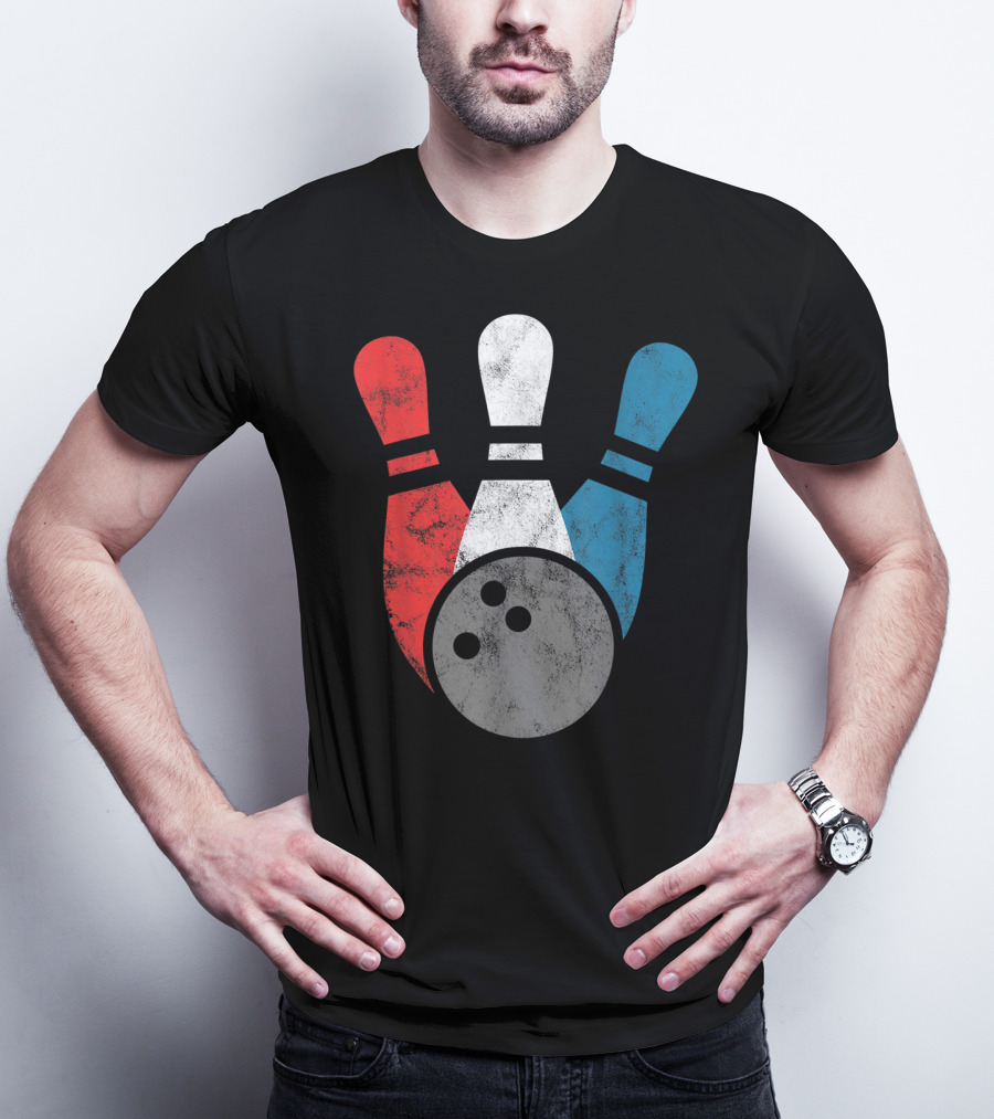 Distressed Red White Blue Bowling Pins With Bowling Ball T-Shirt