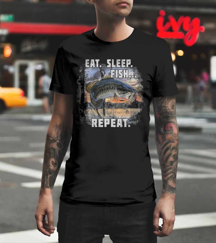 Eat Sleep Fish Repeat Bass Fishing Adventure Lake Sunrise T-Shirt