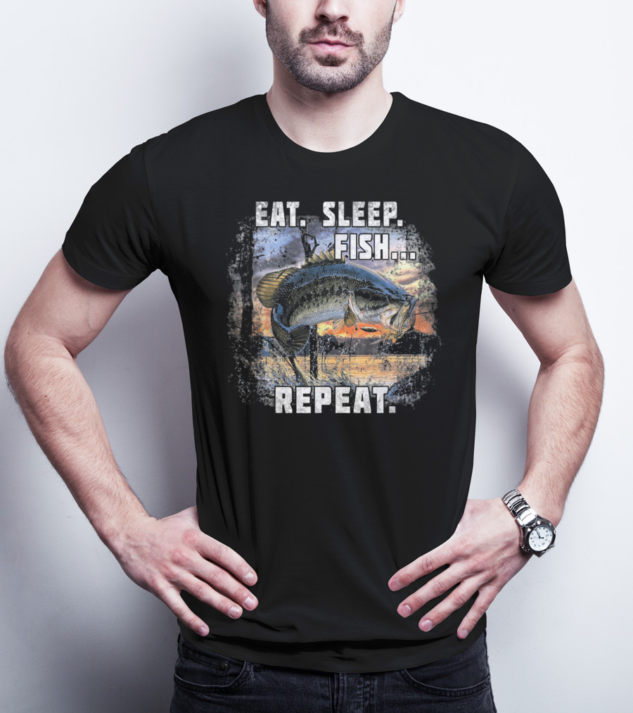 Eat Sleep Fish Repeat Bass Fishing Adventure Lake Sunrise T-Shirt