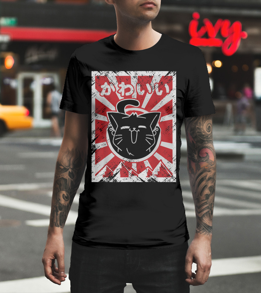 Kawaii Anime Cute Japanese Cat With Red Rising Sun Background T-Shirt