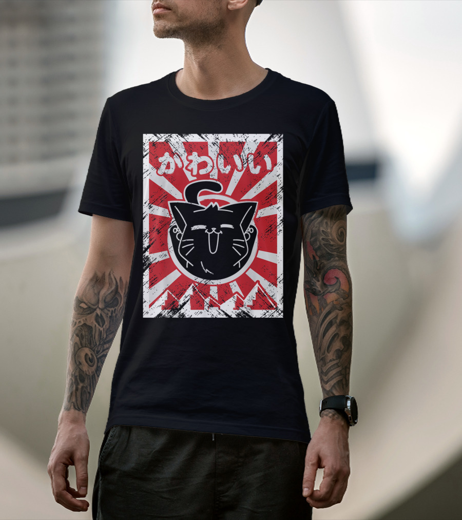 Kawaii Anime Cute Japanese Cat With Red Rising Sun Background T-Shirt