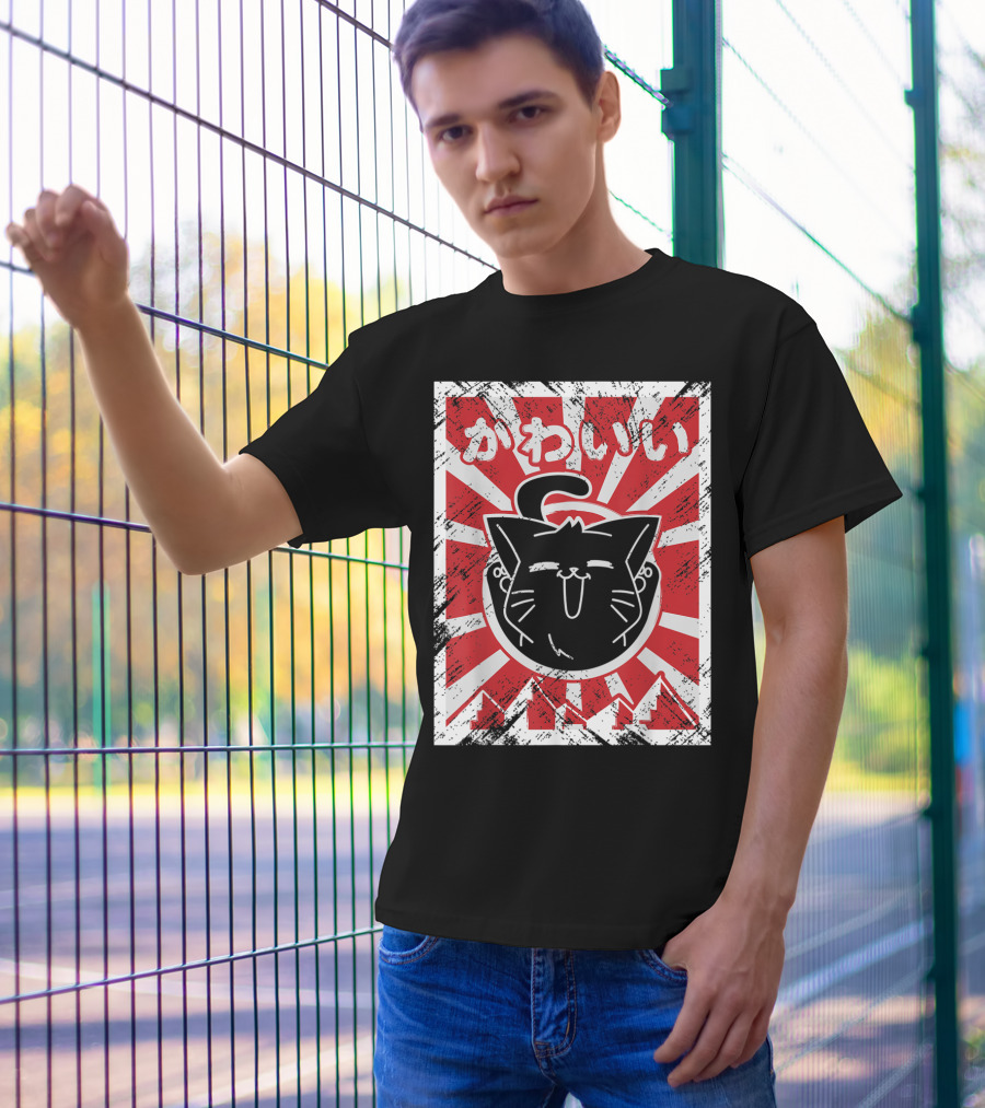 Kawaii Anime Cute Japanese Cat With Red Rising Sun Background T-Shirt