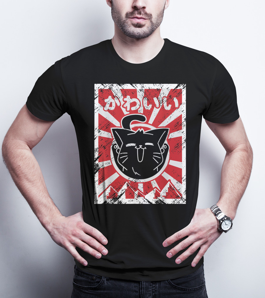 Kawaii Anime Cute Japanese Cat With Red Rising Sun Background T-Shirt