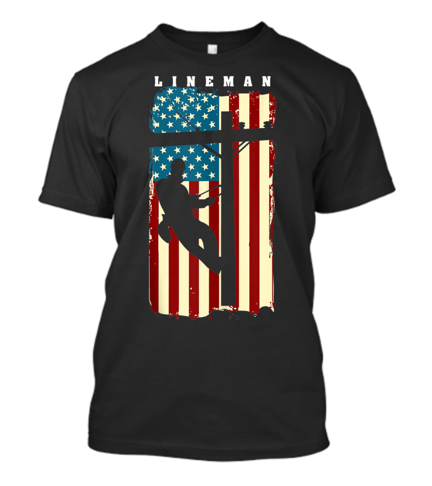 Lineman Silhouette Against American Flag Background With Electric Cable Pole T-Shirt
