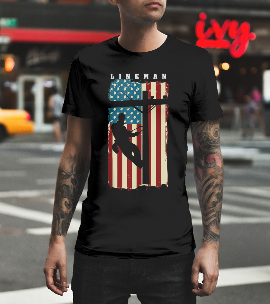 Lineman Silhouette Against American Flag Background With Electric Cable Pole T-Shirt